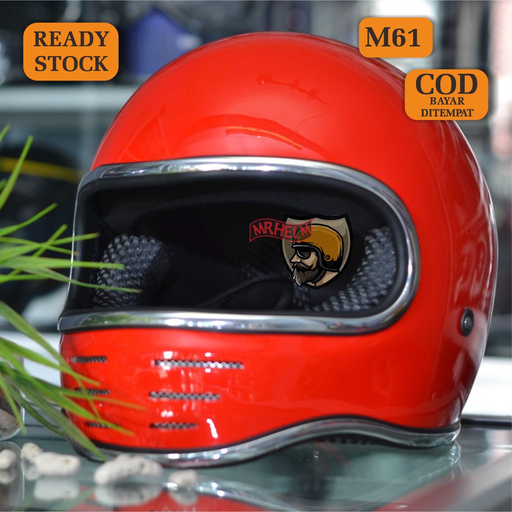 Jual HELM CUSTOM RETRO M61 RED LIST CHROME ( MR HELM ) | Shopee Indonesia
