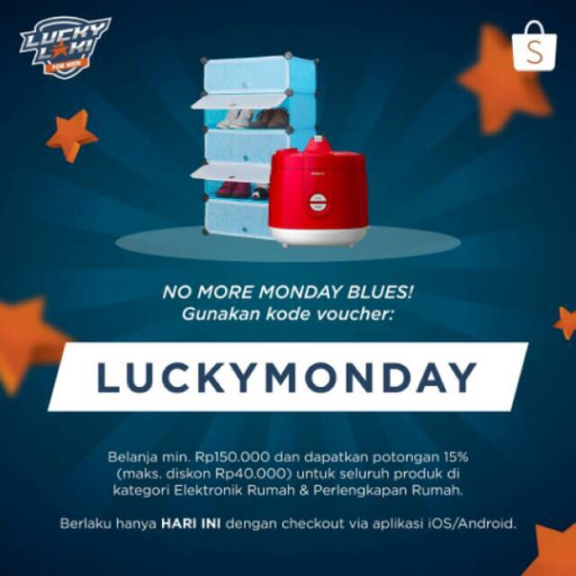 Jual KODE VOUCHER "LUCKY MONDAY" Potongan Diskon 15% (Maksimal 40.000 ...