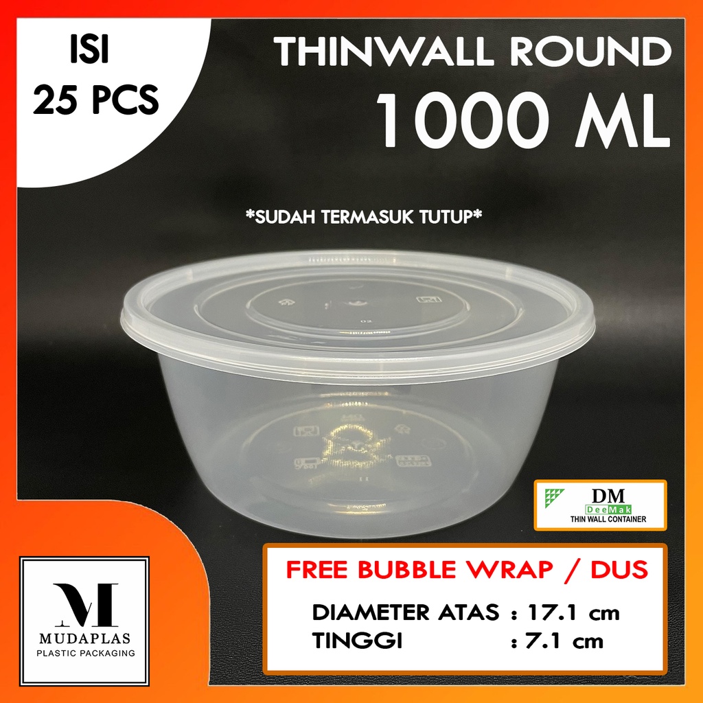 Jual Thinwall Round 1000 ml Bulat / Mangkok Plastik DM Isi 25 pcs 1000ml ROU | Shopee Indonesia