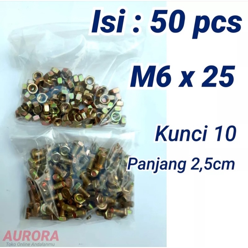 Jual PAKET ISI 50 PCS MUR BAUT M6 x 25 KUNCI 10 PANJANG 2,5CM ukuran ...