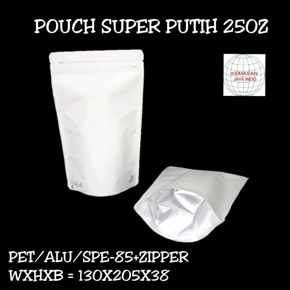 Jual Promo Standing Pouch Alufoil Putih 250 Zipper. kemasan kopi ...