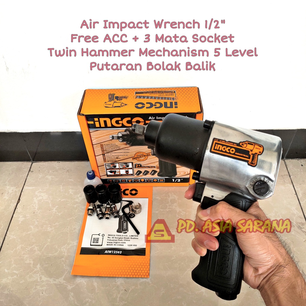 Jual Air Impact Wrench 1/2" Inch INGCO AIW12562 Socket Buka Baut Angin ...
