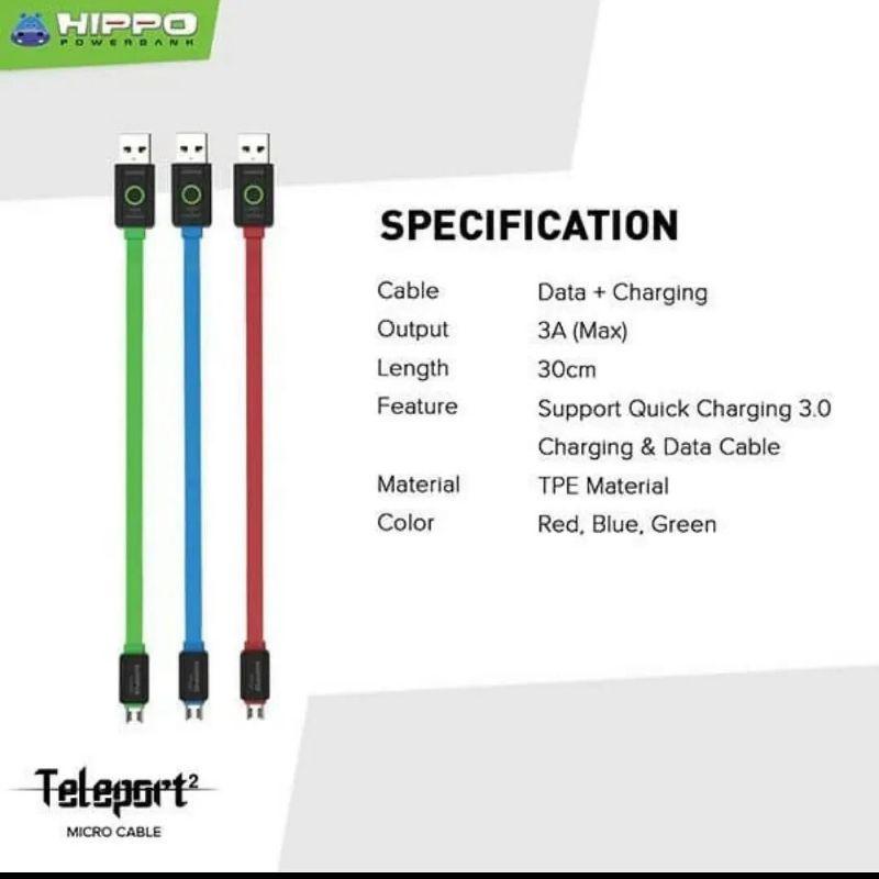 Jual HIPPO TELEPORT 2 KABEL DATA ANDROID MICRO USB 30CM QUICK CHARGING ...