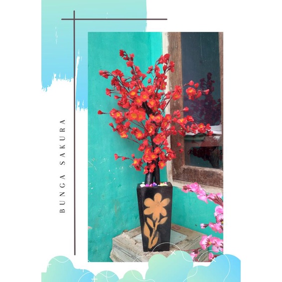 Jual BUNGA HIAS SAKURA PLASTIK SUDUT/POJOK RUANGAN ELEGAN MERAH ...