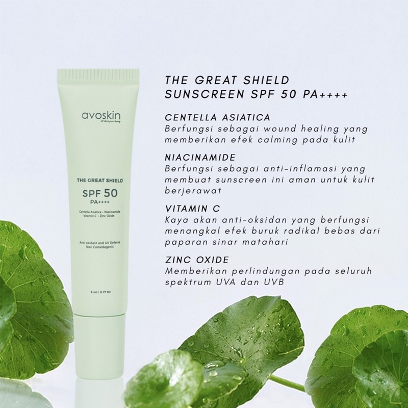 Jual AVOSKIN THE GREAT SHIELD SUNSCREEN SPF50 PAA+++5ML | Shopee Indonesia