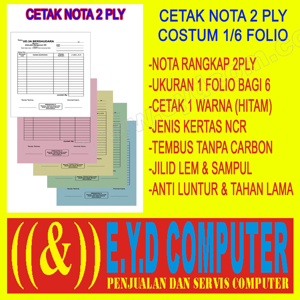 Jual CETAK NOTA 2 PLY 1 FOLIO BAGI 6 KERTAS NCR COSTUM ISI RANGKAP CEK ...