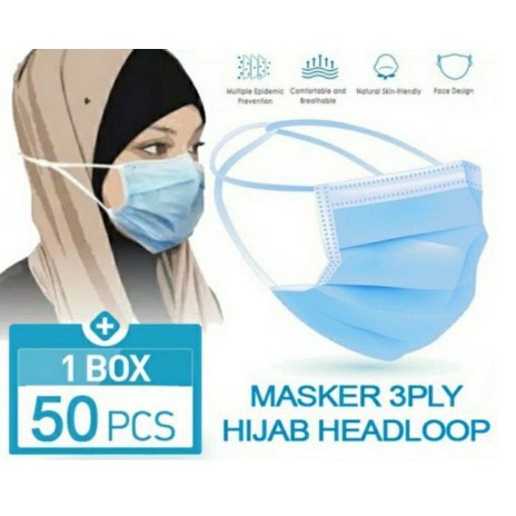 Jual Masker 3ply Hijab Headloop Warna BIRU isi 50pcs per box 3 PLY 50 ...