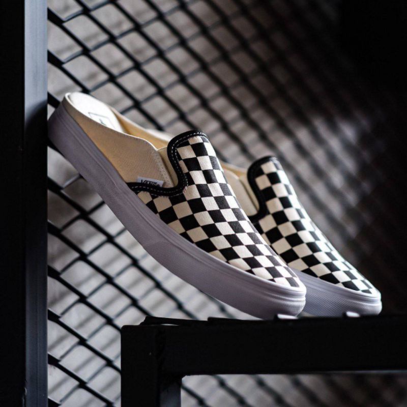 Jual Original Vans Slip On Checkerboard Mule Black White | Shopee Indonesia