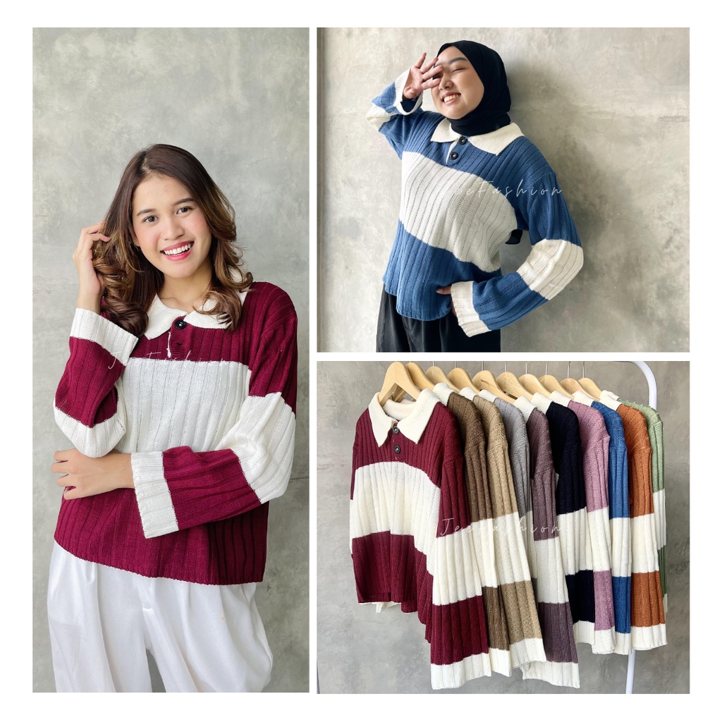 Jual Sweater Rajut Motif Salur kancing Crop Top Polo Knit Strip Tebal ...