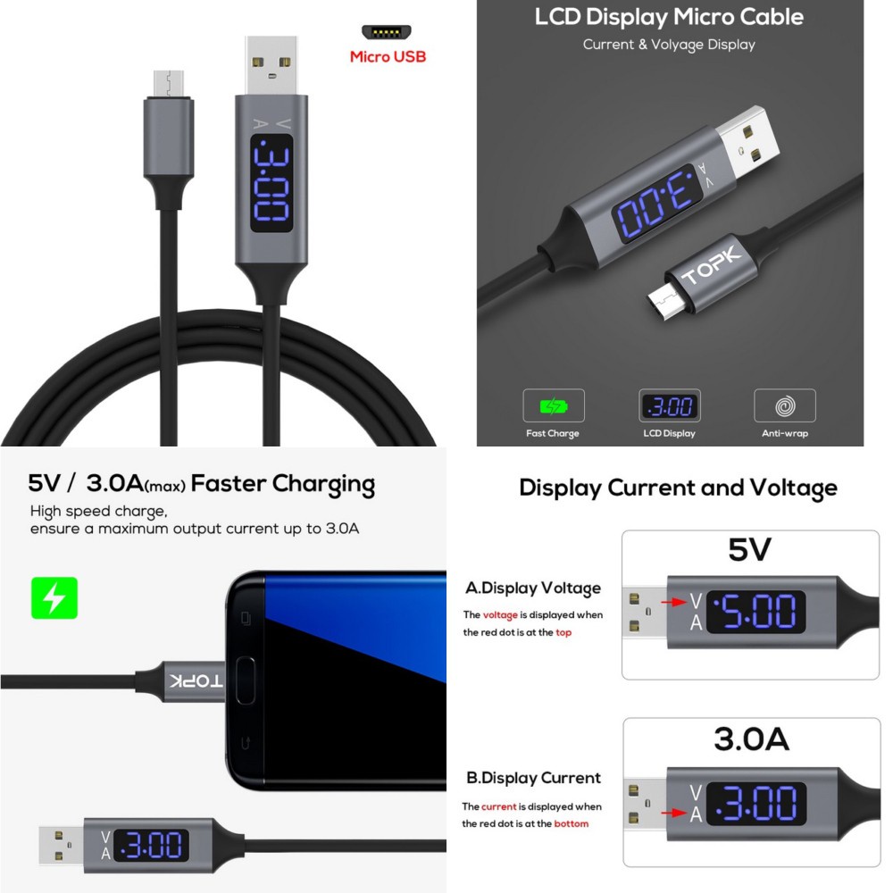 Jual Kabel Charger Micro USB TPE 3A 1 Meter dgn Voltage Meter FAST ...