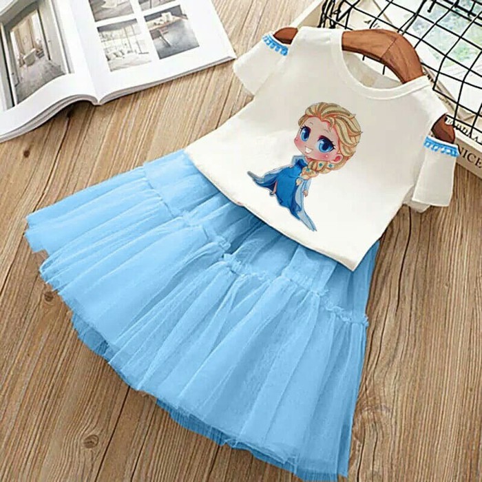 Jual V683 Setelan Baju Rok Elsa Frozen Biru Lucu Anak Kecil Cewek ...