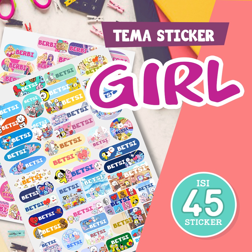 Jual Sticker nama girl -45 pcs ( BT21, BARBIE, DISNEY PRINCESSES ...
