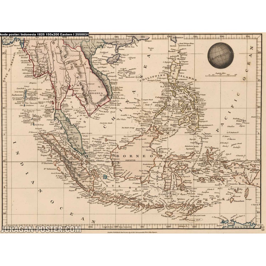 Jual Peta Kuno Indonesia Jaman Dulu Tahun 1825 Ukuran 125x170 Bahan PET ...