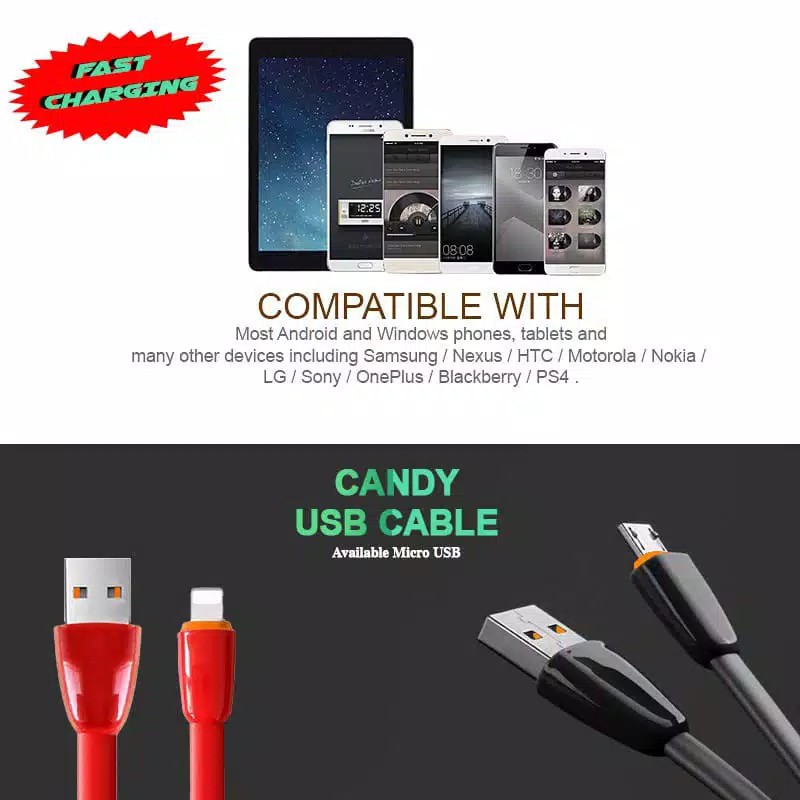 Jual Kabel Data CANDY Micro USB/V8 Fast Charging 2.4Ampere | Shopee ...