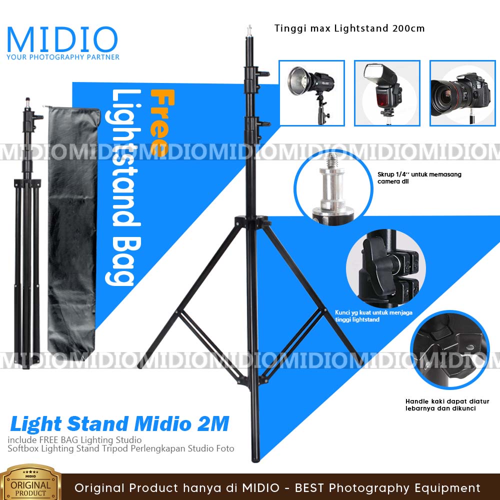 Jual Light Stand Midio 2M Include FREE BAG Lighting Studio Softbox ...