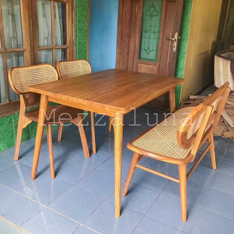 Jual MEJA MAKAN RETRO MINIMALIS KAYU JATI KOMBINASI ROTAN / DINING SER TETRO SCANDINAVIAN ...