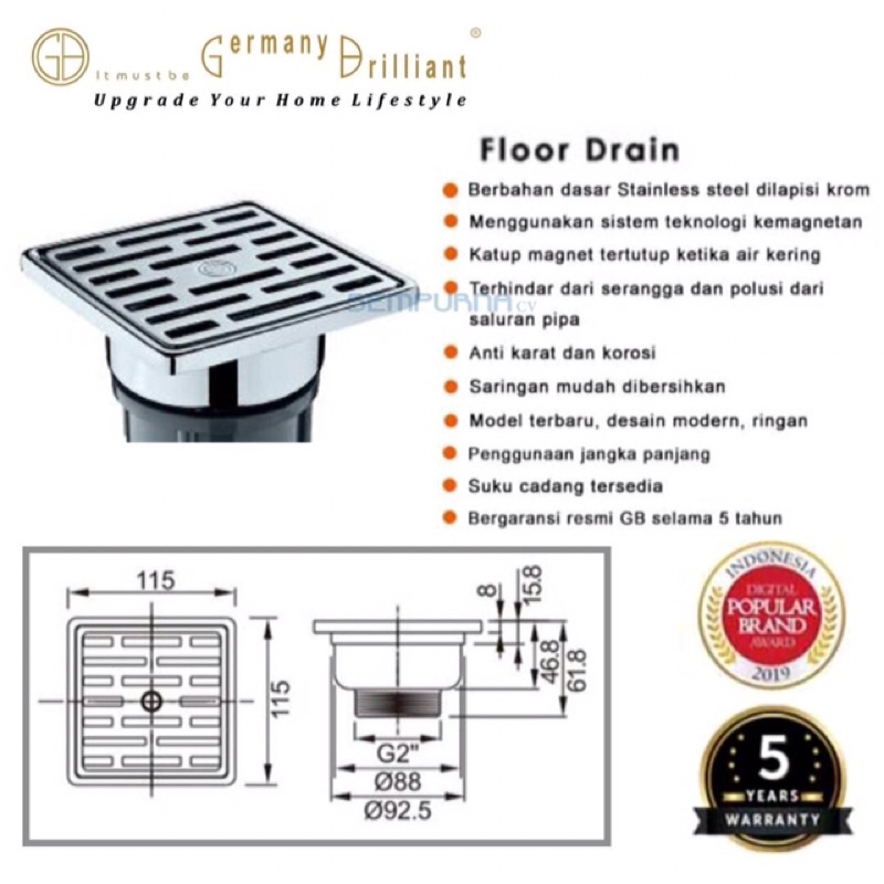 Jual Floor drain / avur afur lantai stainless steel Germany Brilliant GBS06 | Shopee Indonesia