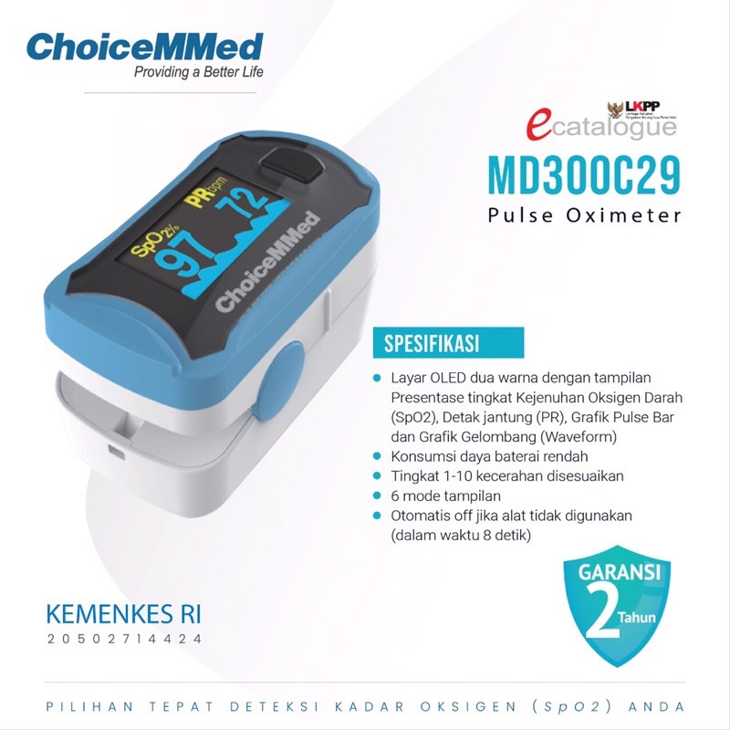 Jual Oximeter Choicemmed MD300C29/Oximeter Fingertip Saturasi Oksigen/Pulse Oxymetri | Shopee ...