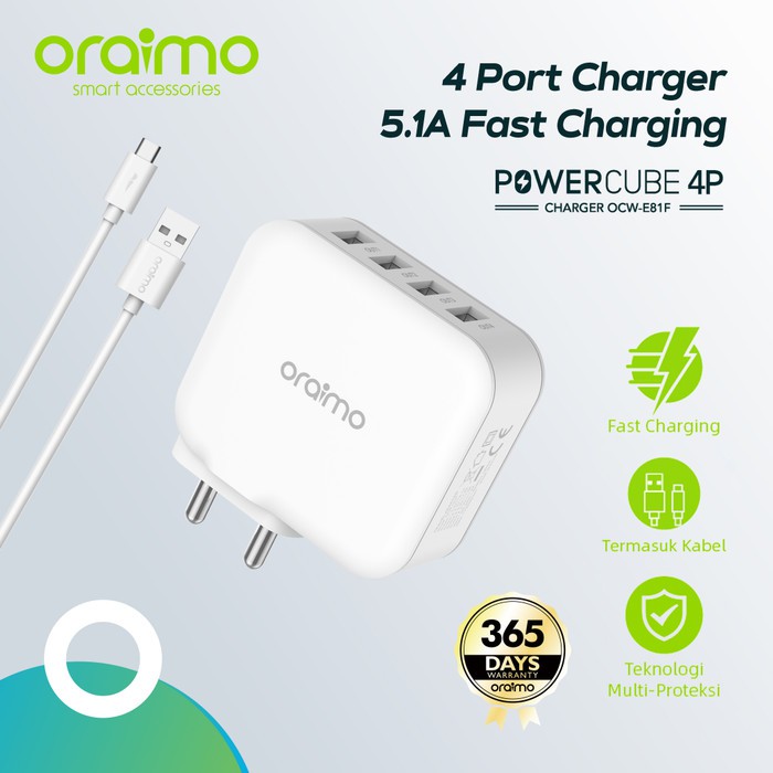 Jual ORAIMO Charger 4 USB Port + Micro USB Cable 1m OCW-E81F - GARANSI ...