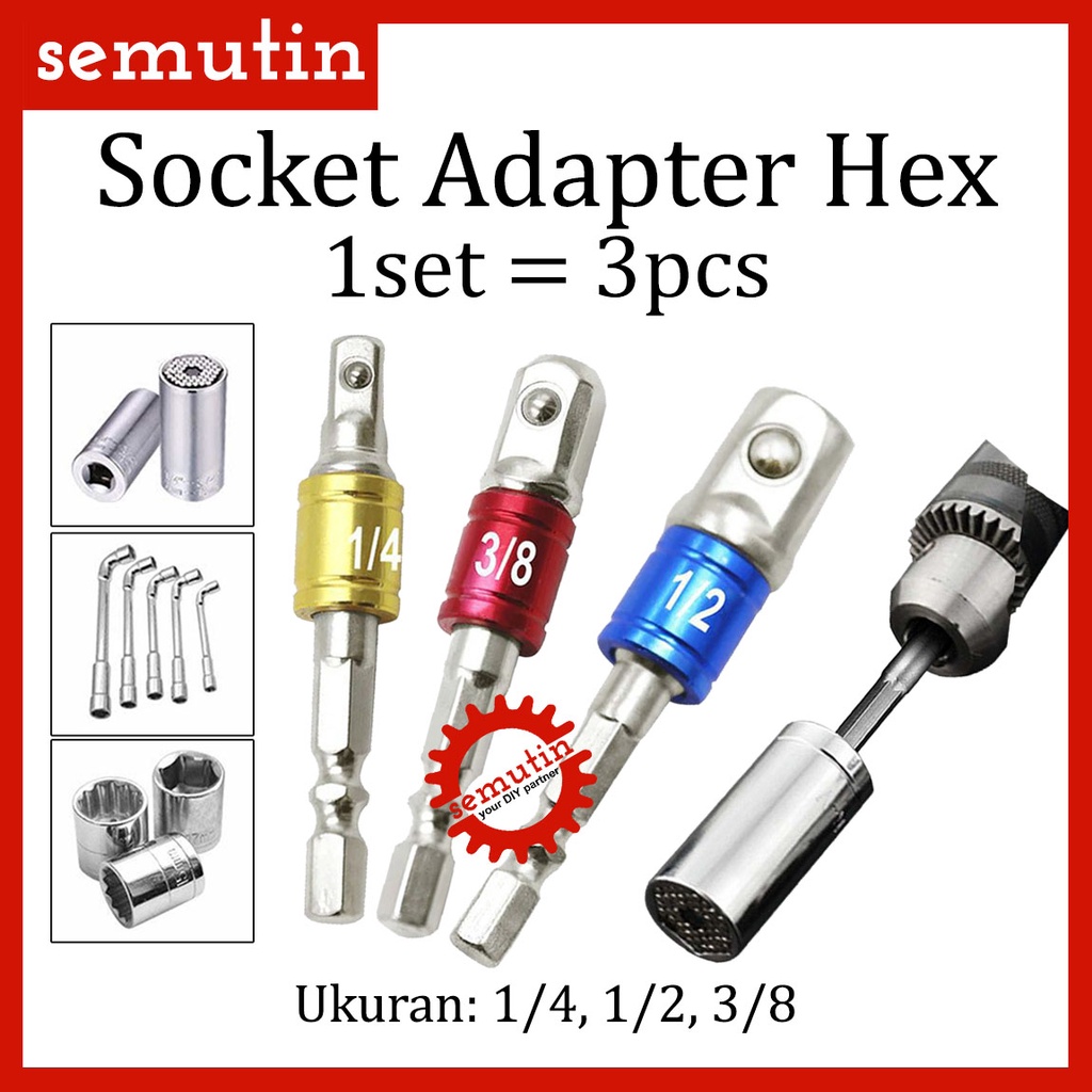 Jual Adapter Kepala Bor Hex Socket 1/4 1/2 3/8 / Shank Rod Sleeve ...