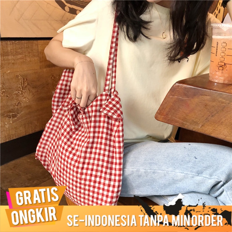 Jual Tote Bags L308 Merah Putih Kotak-kotak Gas Jantung Renda-Up Tas ...