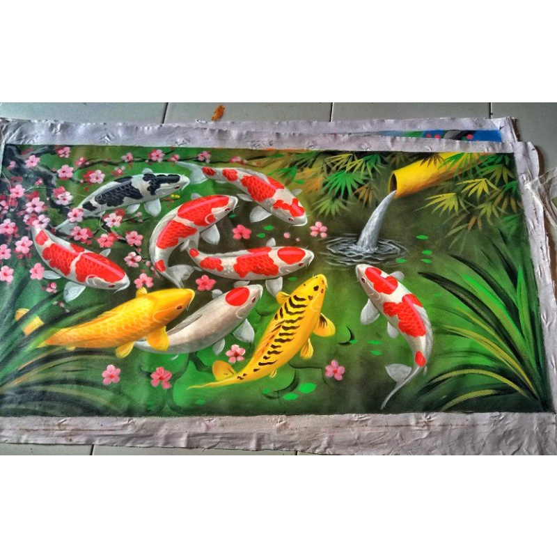 Jual lukisan ikan koi Super Bagus warna cerah, Lukisan Kanvas ukuran ...