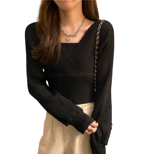 Jual ATASAN RAJUT LENGAN PANJANG V-NECK LENGAN BALON SABRINA TOP | Shopee Indonesia