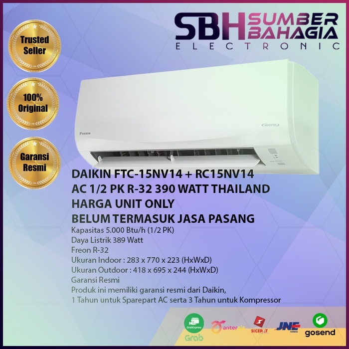 Jual DAIKIN FTC-15NV14 + RC15NV14 AC 1/2 PK R-32 390 WATT THAILAND (NEW ...