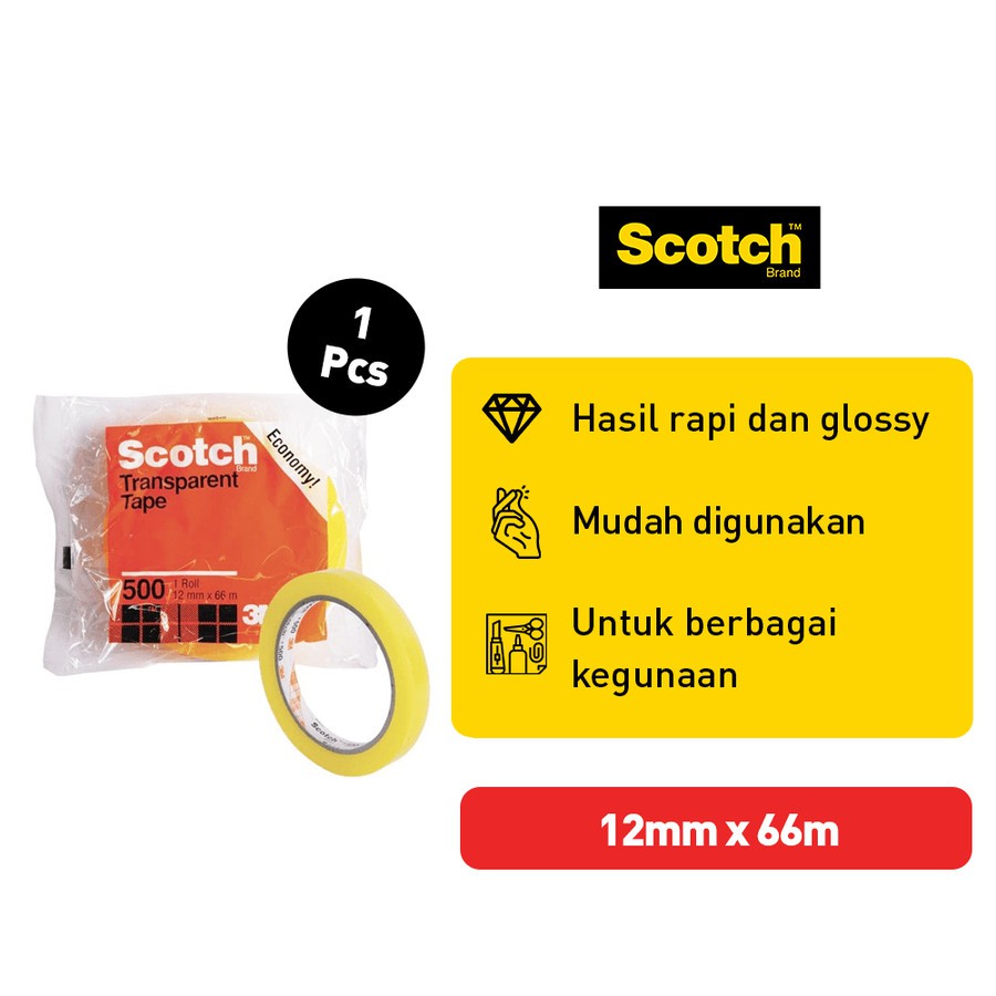 Jual 3M Scotch Tape 500 12MM x 66M / Selotip Isolasi Lakban Bening 1/2 ...
