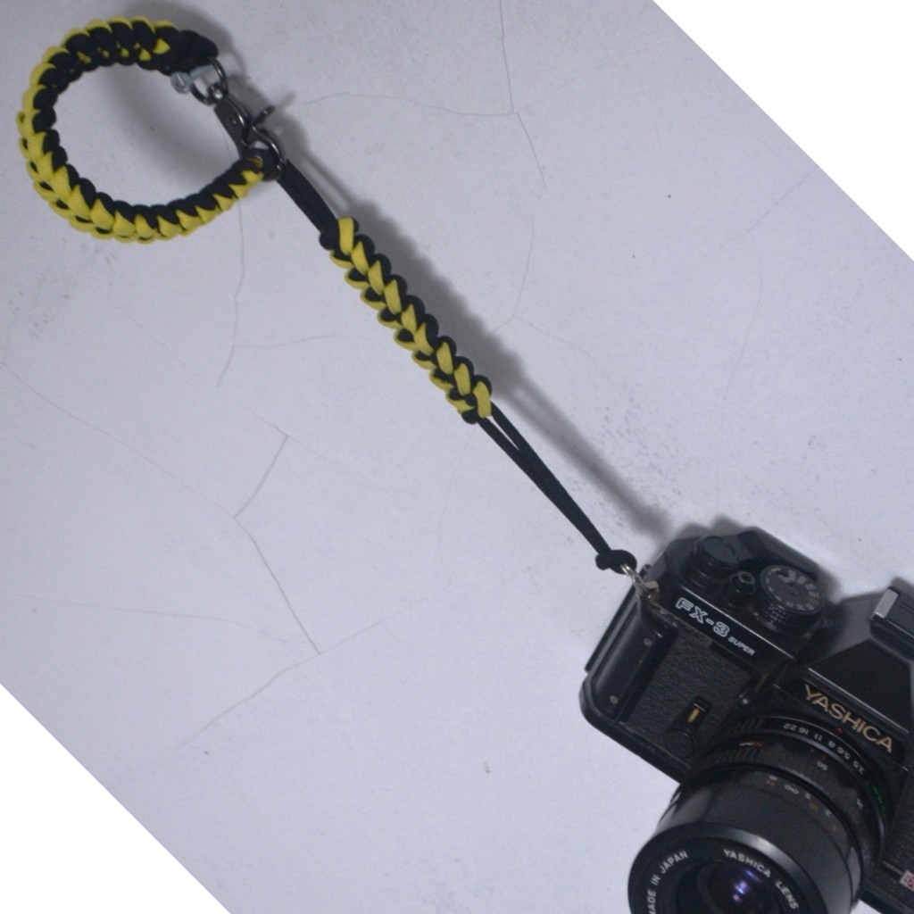 Jual hand made strap camera / tali kamera hitam kuning paracord simpul ...
