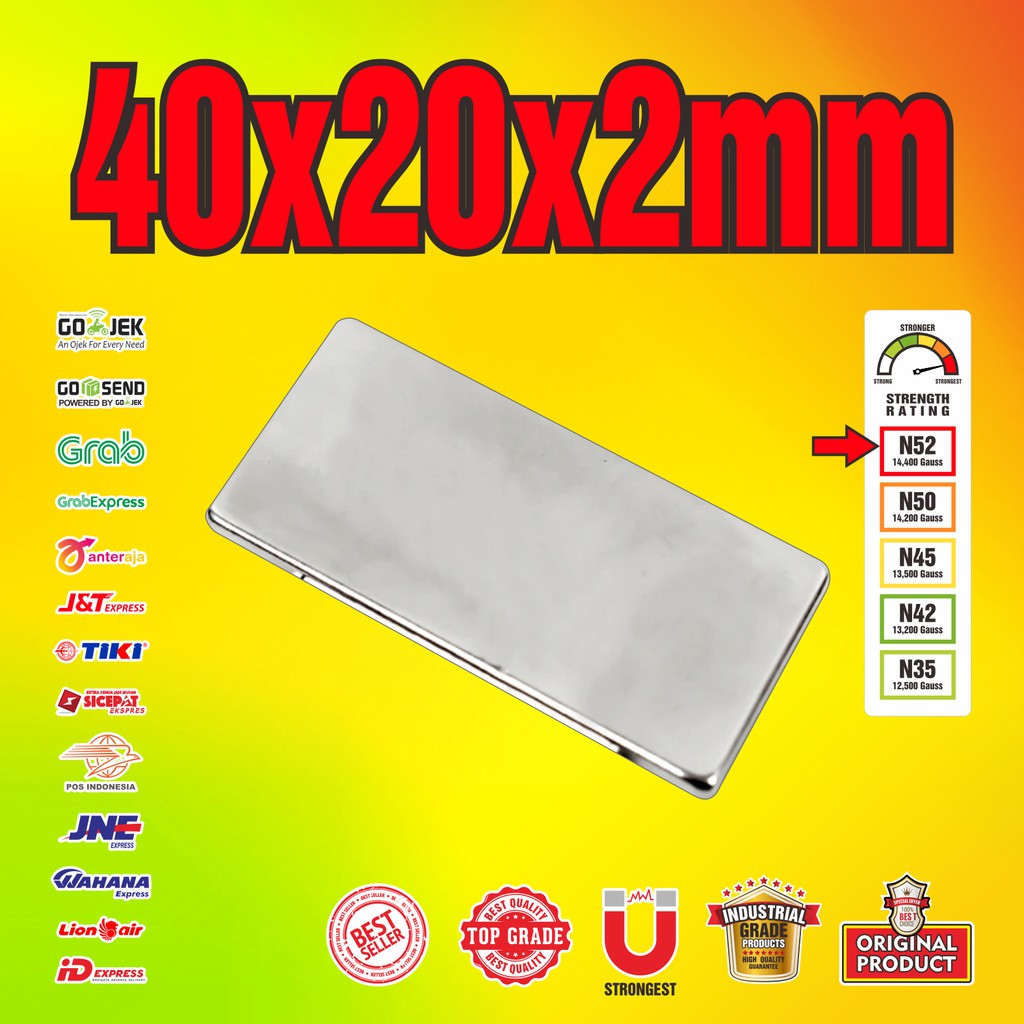Jual MAGNET NEODYMIUM SUPER STRONG PERSEGI 40x20x2mm - 40 x 20 x 2 mm ...