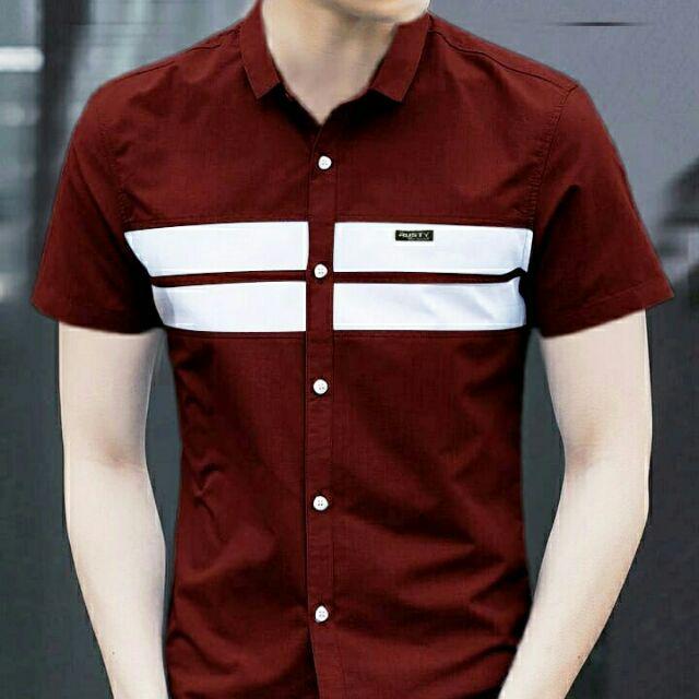 Jual KEMEJA FASHION NEW MEN STYLE MOTIF KOMBINASI WARNA MAROON BIRU ...