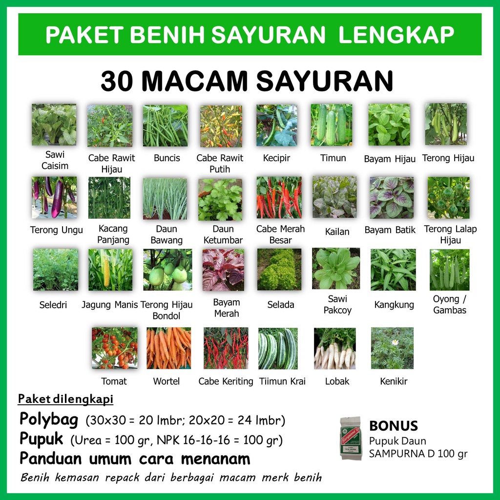 Jual Paket Benih Sayuran 30 Macam Benih Sayuran Kemasan Repack Lengkap ...