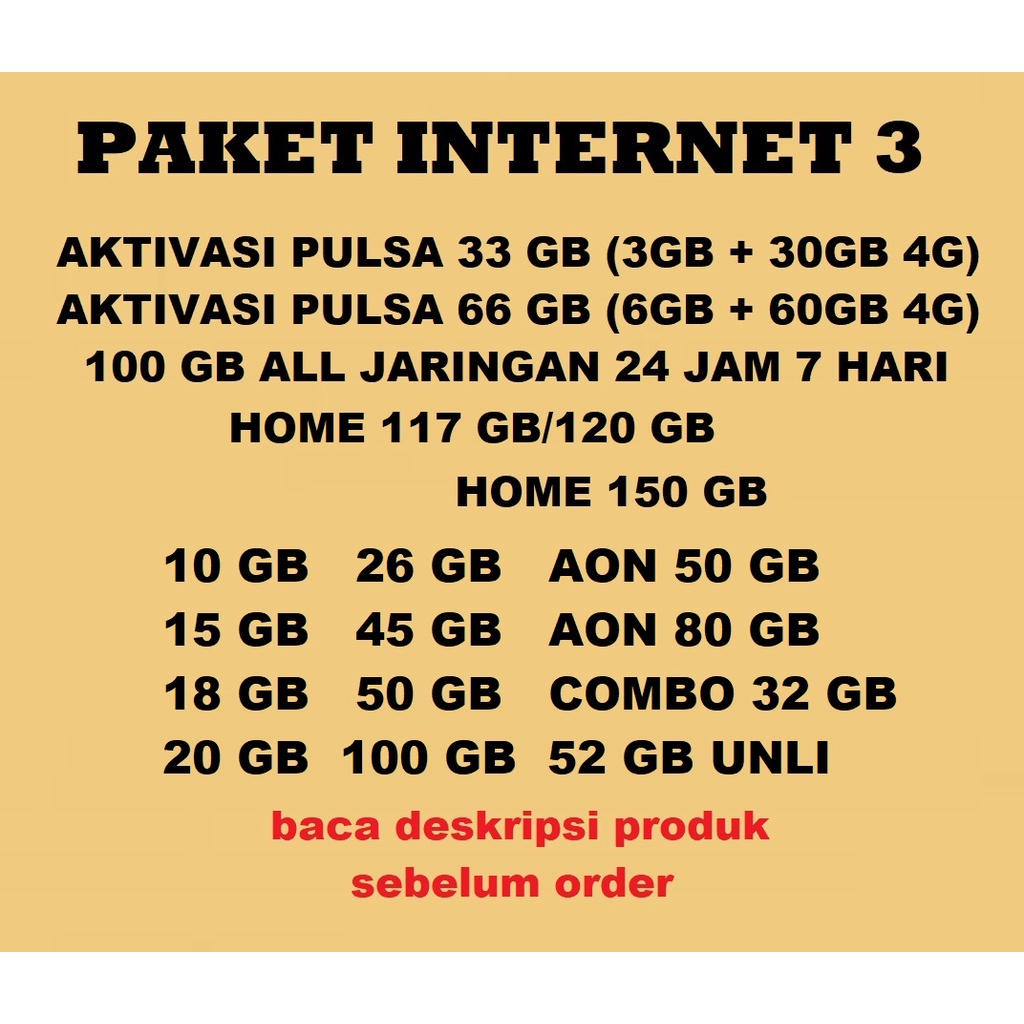 Jual PAKET INTERNET THREE HAPPY AON KUOTA BESAR | Shopee Indonesia