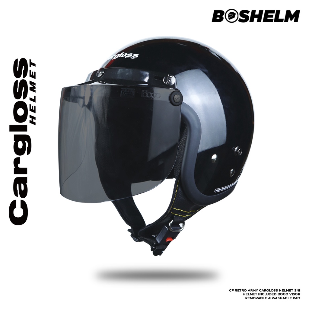 Jual BOSHELM Helm Cargloss CF Retro Army HITAM GLOSSY Visor Helm Half ...