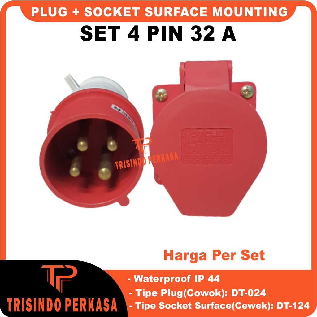 Jual Plug Steker Socket industri/Industry Surface Mounting 4 Pin 4P 32A (024+124) IP44 4 Kaki ...