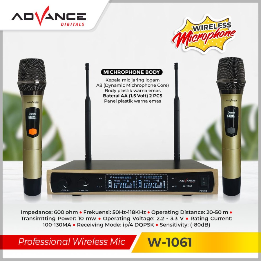 Jual Microphone Wireless Advance W-1060 dan W1061 Dual Mic + Amplifier ...