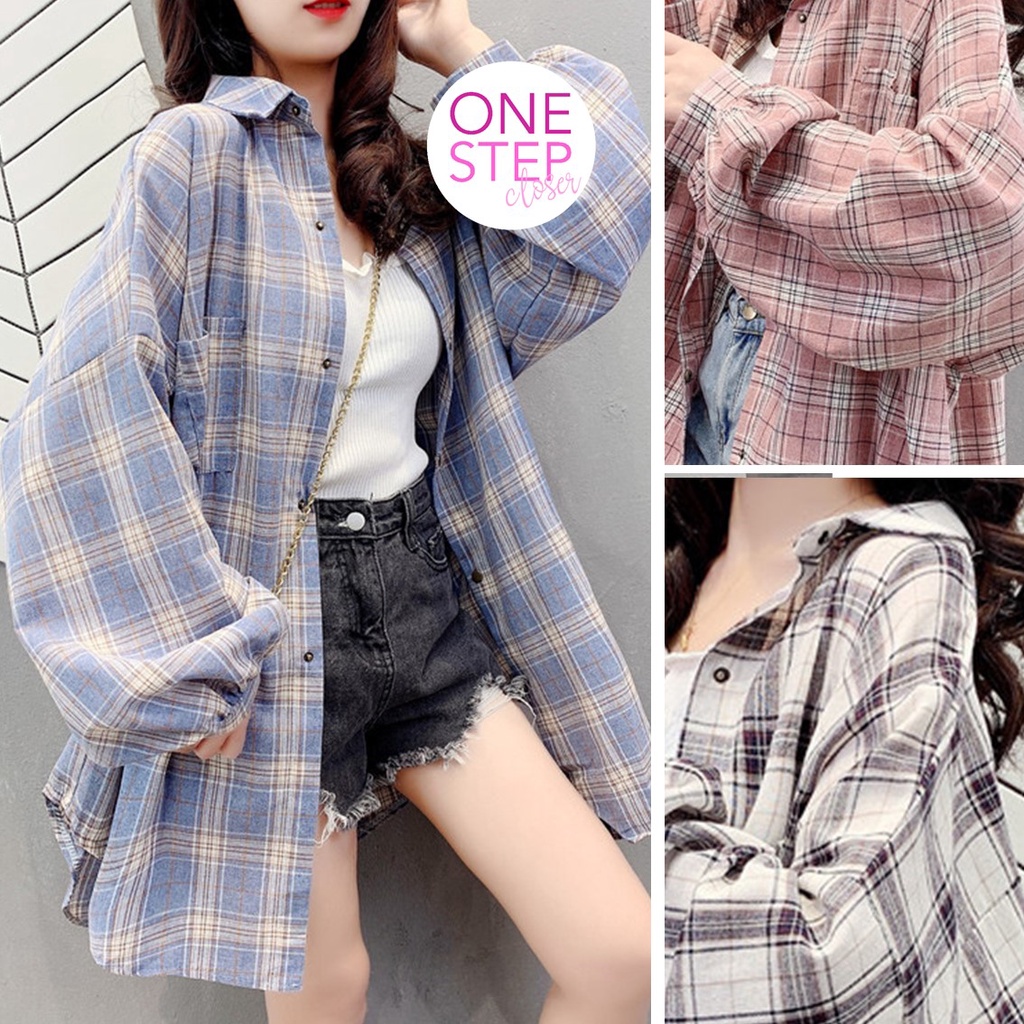 Jual Kemeja Wanita Kotak Oversize Tipis Bubble Sleeve Korea Style Baby Canvas (S1-011-8830 ...