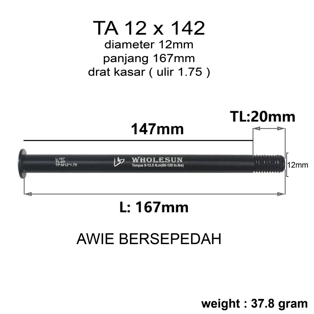Jual TA 12 x 142 pitch 1.75 panjang 167mm drat kasar thru axle with ...