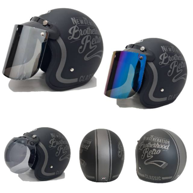 Jual Helm Bogo jpn Brotherhood retro clasik hitam silver set kca datar ...