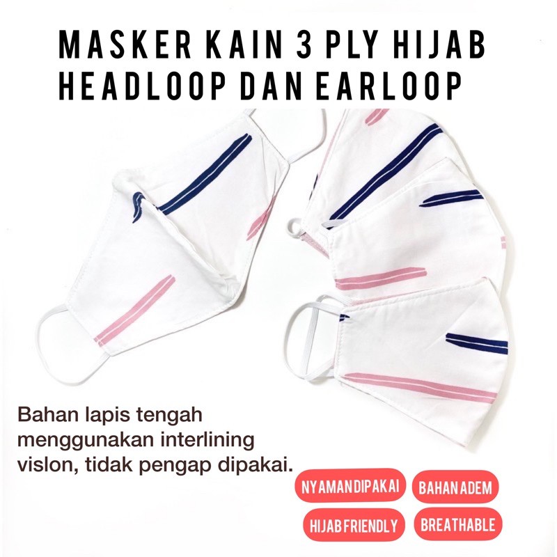 Jual Masker kain 3ply hijab earloop dan headloop putih corak strip ...