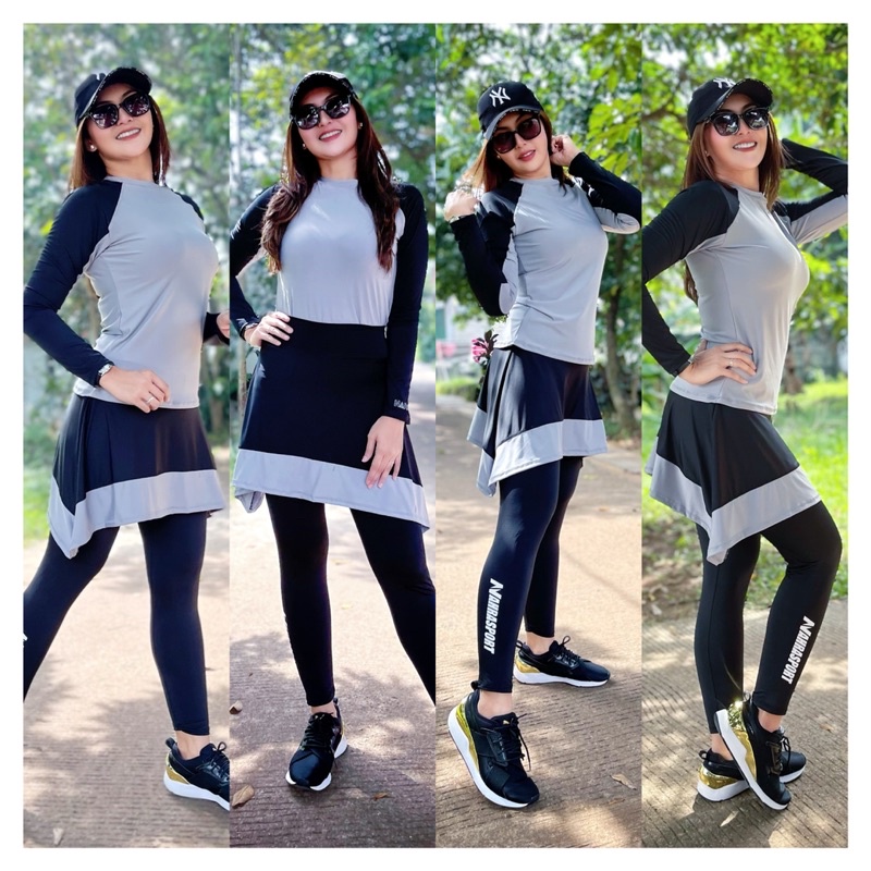 Jual Baju Senam Atasan Aquatic dan Legging Rok Nahrasport Abu Lis Hitam ...