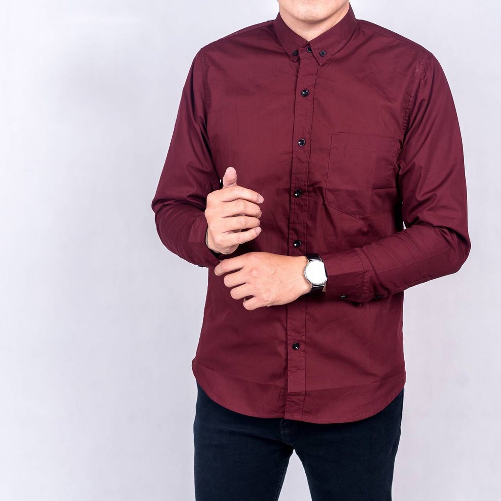 Jual Kemeja Polos Pria Lengan Panjang Warna Merah Maroon Super Premium ...