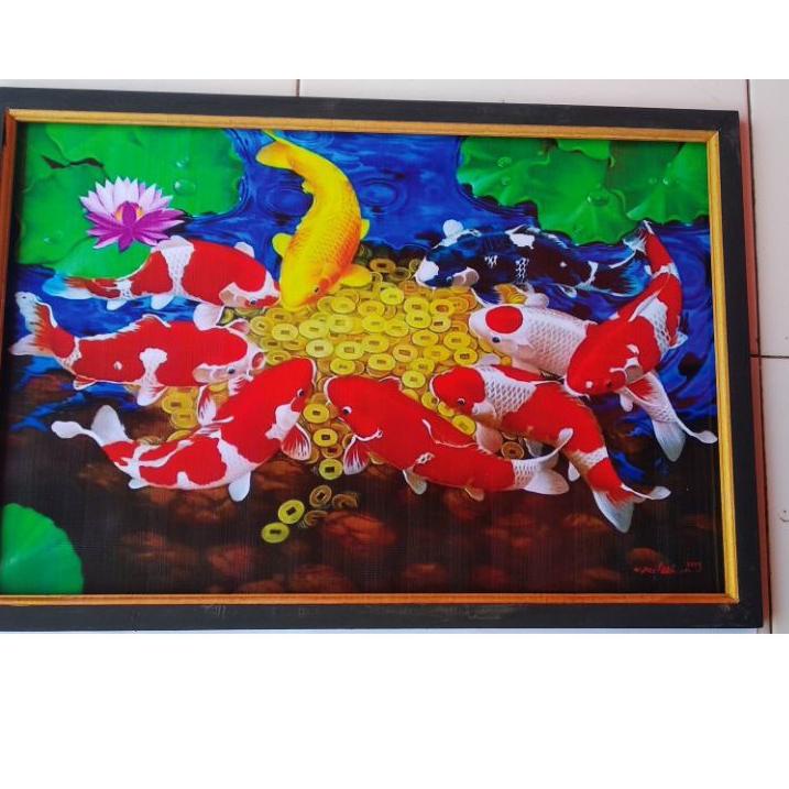 Jual [KODE PRODUK 0ABD97969] lukisan cetak ikan koi dan koin emas Plus ...