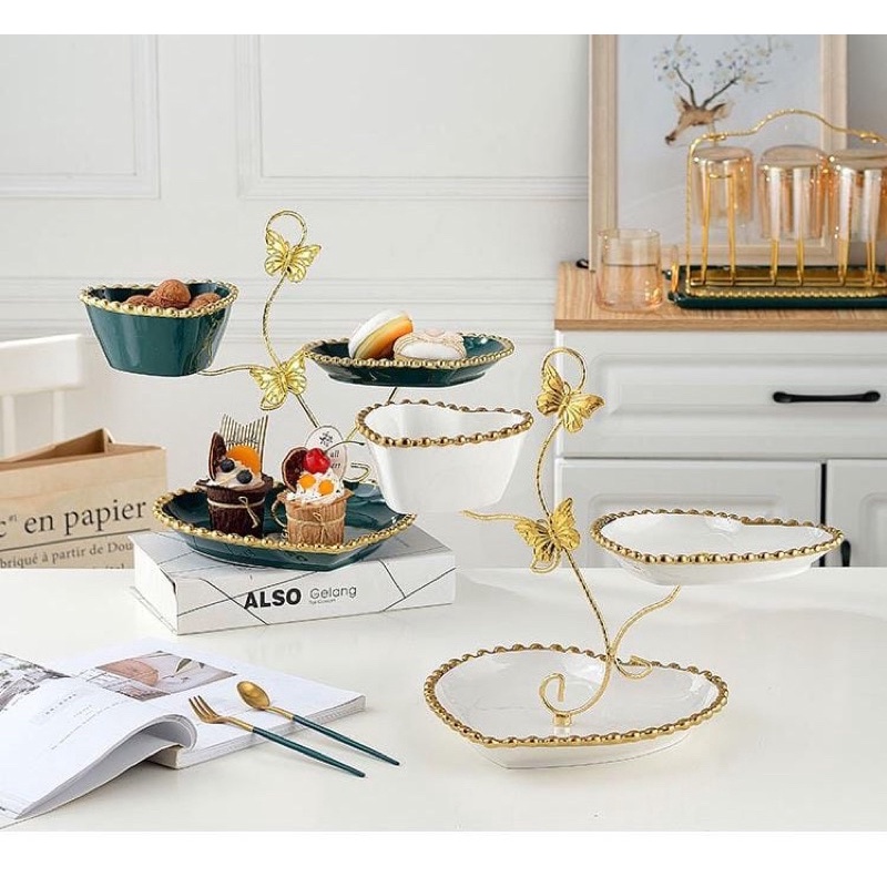 Jual PIRING KUE TINGKAT KERAMIK BENTUK BULAT DAN lOVE ATAU SQUARE LIST GOLD ELEGANT/ WADAH BUAH ...