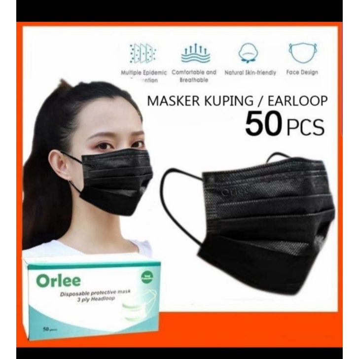 Jual Masker 3 ply ORLEE medis isi 50 pcs Earloop Kemenkes warna Hitam ...