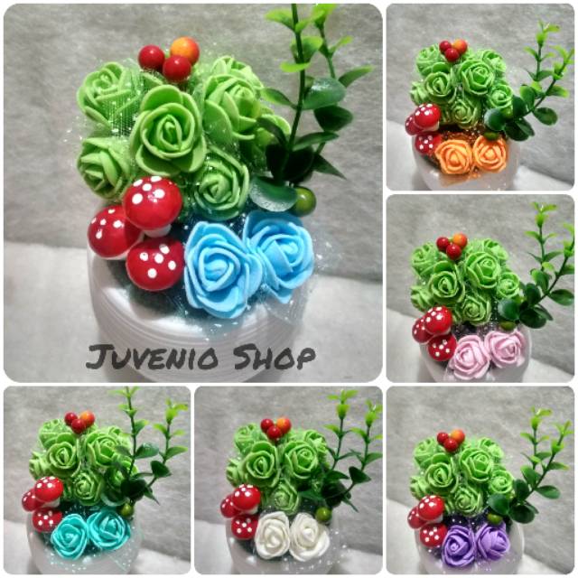 Jual Set Pot + Rangkaian Bunga Mawar dan Jamur Imut | Bunga Plastik ...