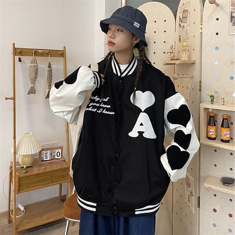 Jual BLACK WHITE CUTE CAT JAKET BASEBALL VARSITY - JACKET WANITA KOREAN ...
