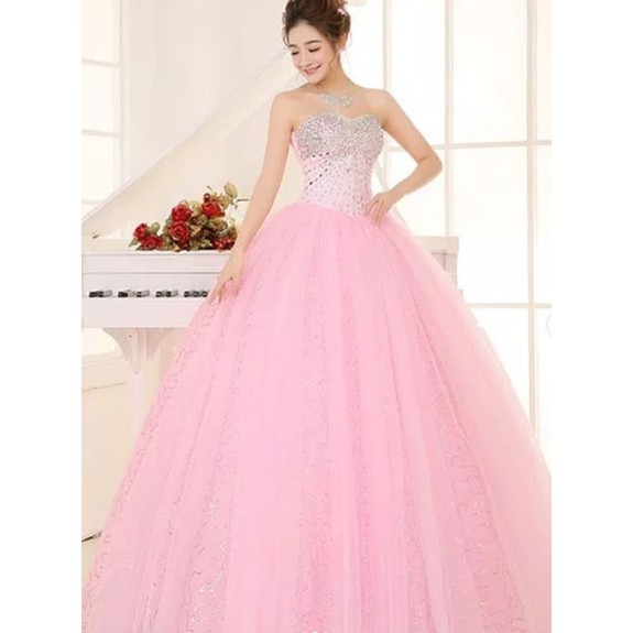 Jual gaun pengantin warna pink off shoulder | Shopee Indonesia