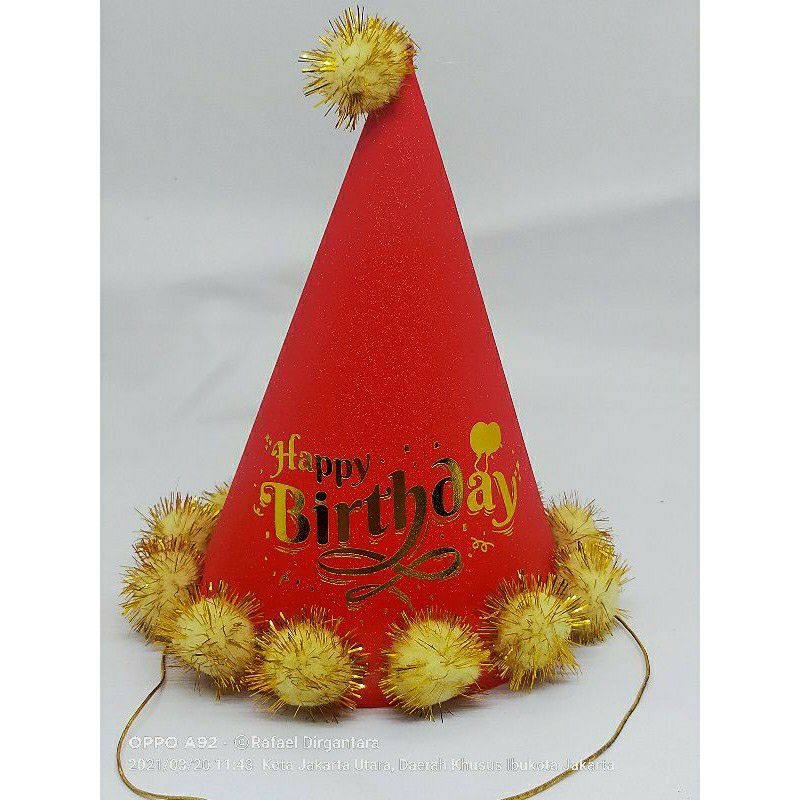 Jual TOPI ULANG TAHUN KERUCUT POMPOM MERAH 02 / TOPI HAPPY BIRTHDAY ...